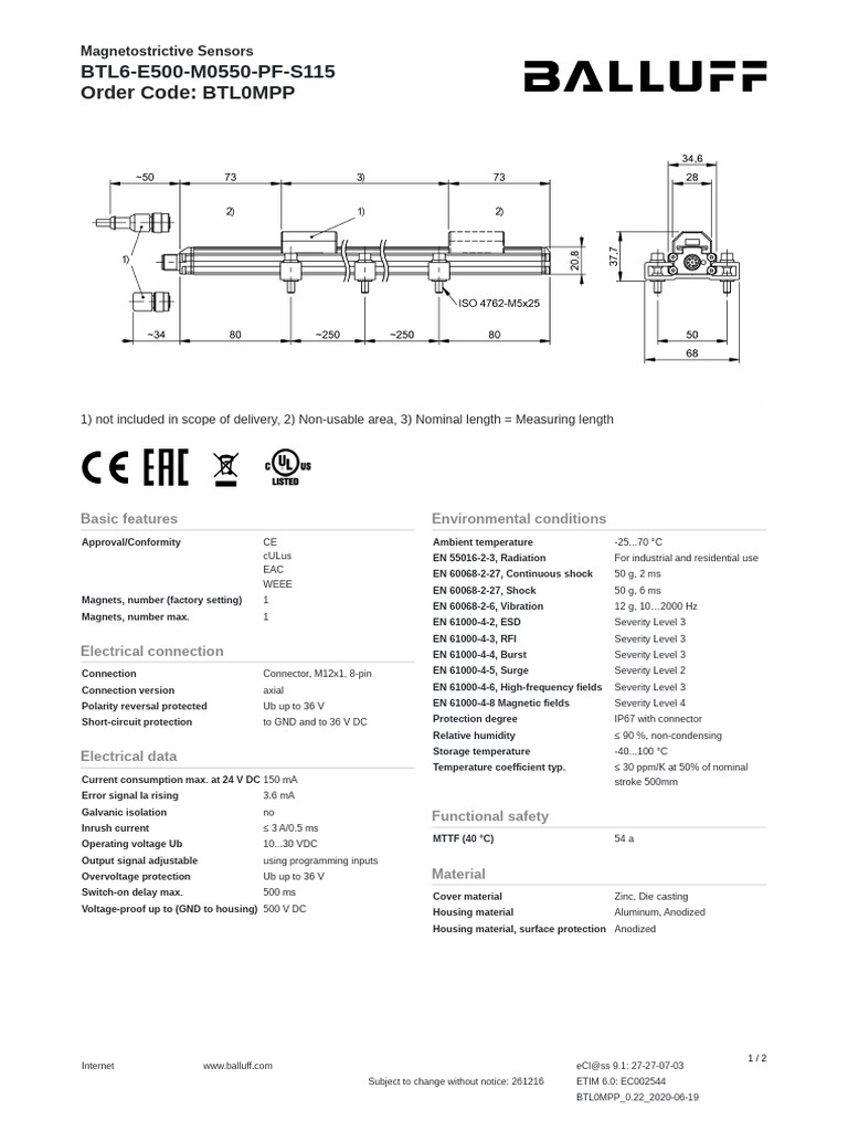 Datasheet - BTL6 E500 M0550 PF S115 | PDF | Electrical Connector | Sensor