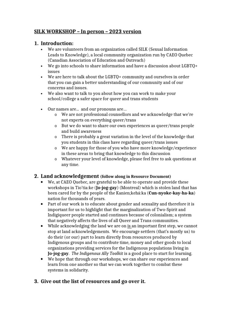 Silk Workshop Outline - In Person 2023 | PDF | Transgender | LGBTQIA+ ...
