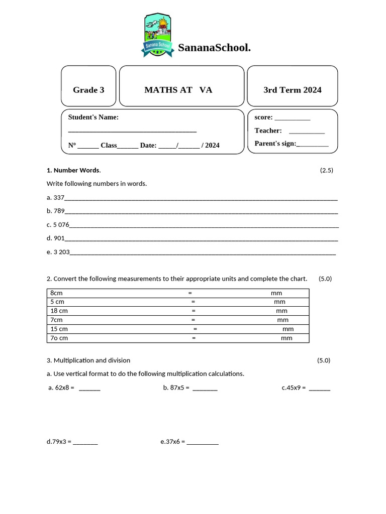 Maths at Grade 3 2024 (3) VA | PDF