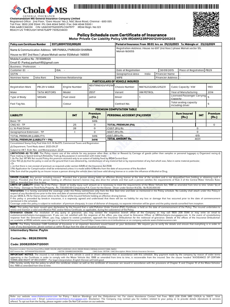 Cholamandalam MS Car Insurance Policy | PDF | Liability Insurance ...