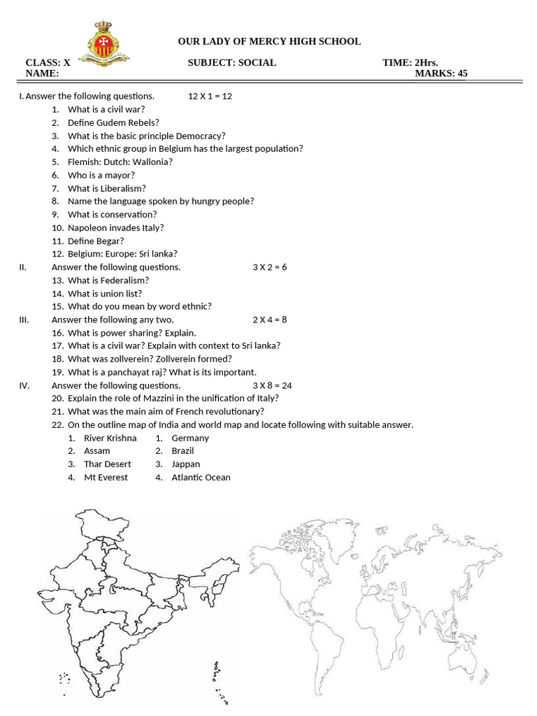 Social Studies Class X Exam Questions | PDF