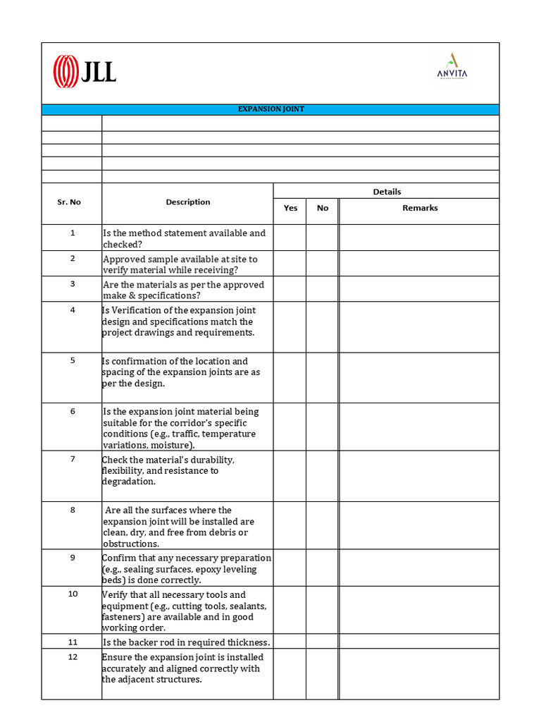 Checklist - Expansion Joint | PDF | Mechanical Engineering | Building ...