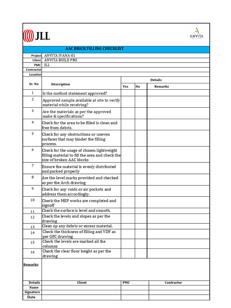Aac Brick Filling Checklist | PDF
