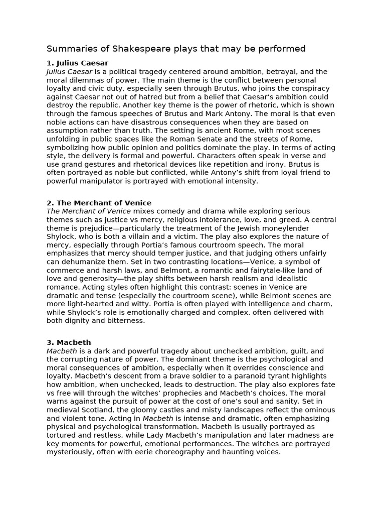 Shakespeare Play Summaries Overview | PDF | Othello | Macbeth