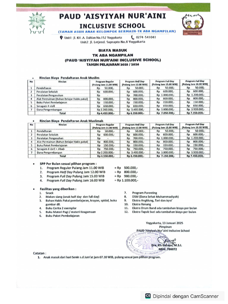 Biaya TK TH 20252026 | PDF
