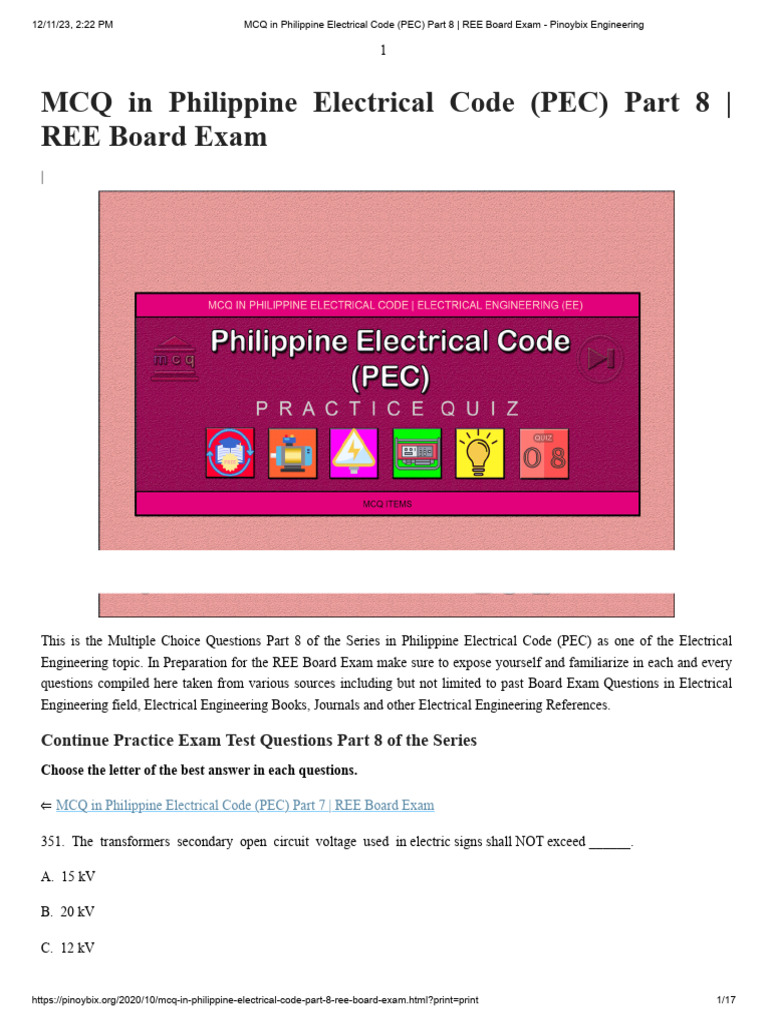 PEC Part 8 MCQs for REE Exam Prep | PDF | Electrical Wiring | Materials