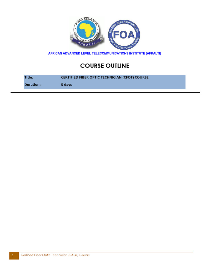 OUTLINE Certified Fiber Optic Technician CFOT Course1 | PDF | Optical Fiber | Fiber Optic ...