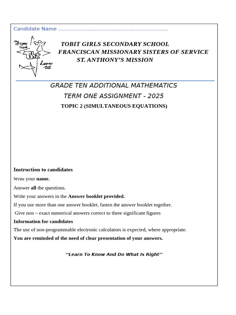 Additiona Mathematics Assignment 1 Simultaneous Equations | PDF | Area | Equations