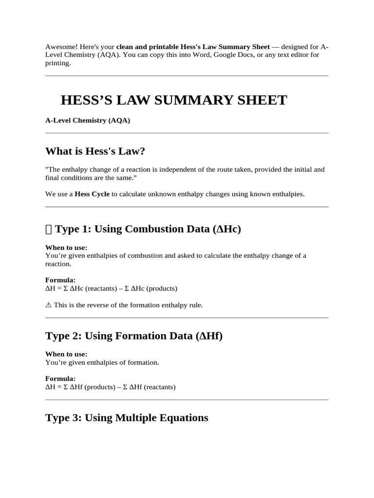 Hess's Law Summary for A-Level Chemistry | PDF