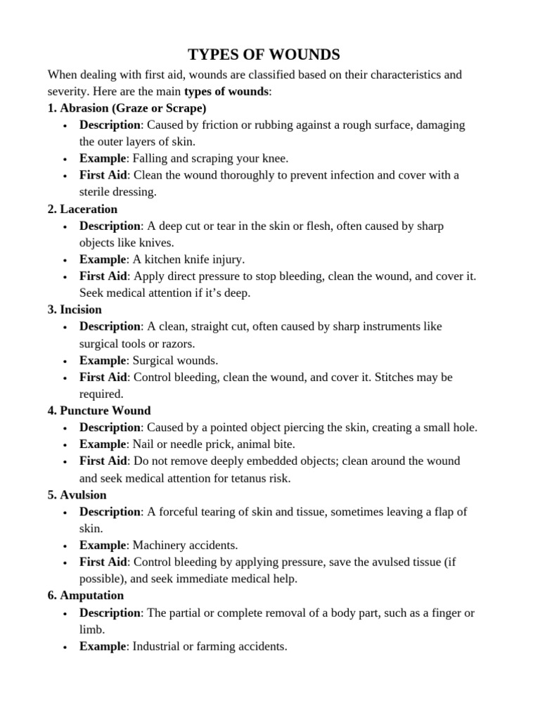 First Aid for Various Wound Types | PDF | Wound | Burn