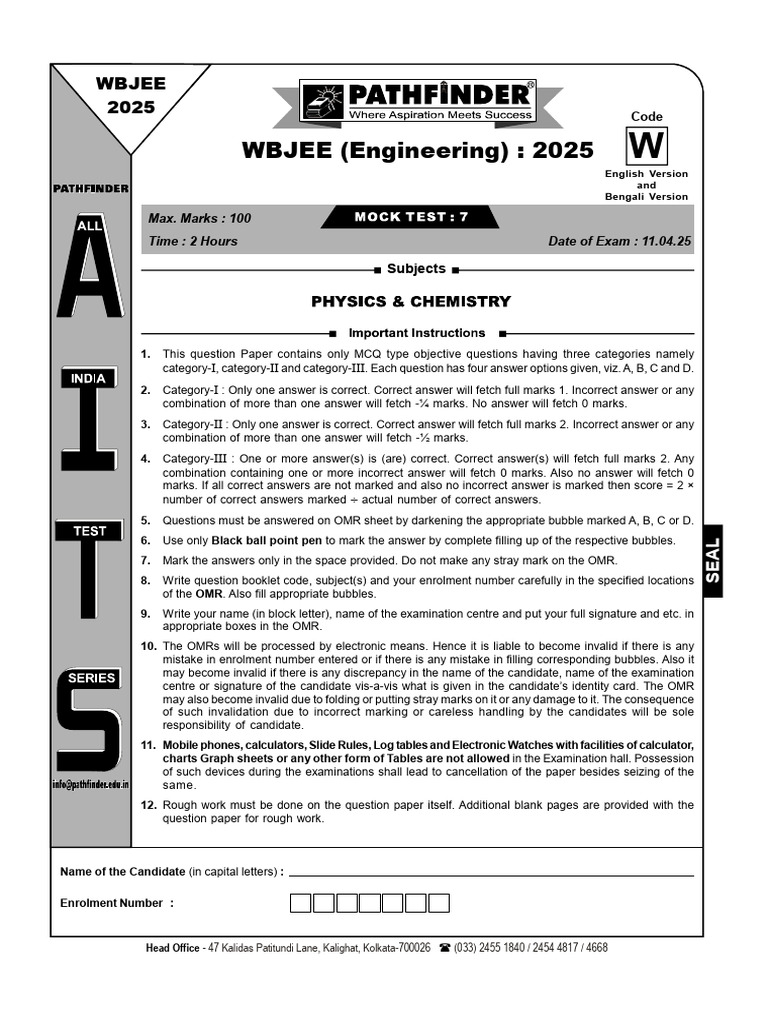 Phy & Chem - MT - 7 - XII - WBJEE - (Ques) - ENG + BENG - (W) | PDF | Chemistry | Physical Sciences