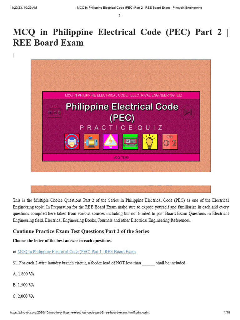 MCQ in Philippine Electrical Code (PEC) Part 2 - REE Board Exam ...