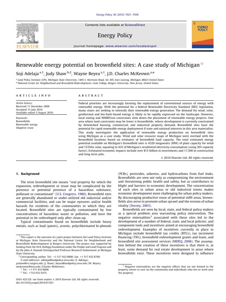Michigan Case Study Brownfield | PDF | Photovoltaics | Wind Power