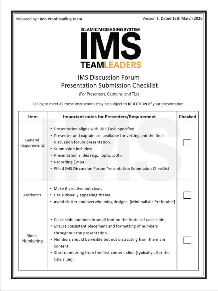 Ims Presentation Submission Checklist Pdf