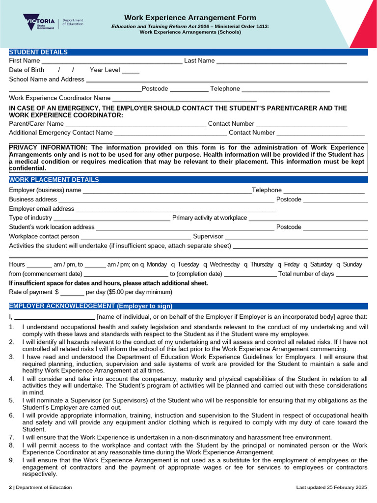 Work Experience Arrangement Form 2025 | PDF | Occupational Safety And ...