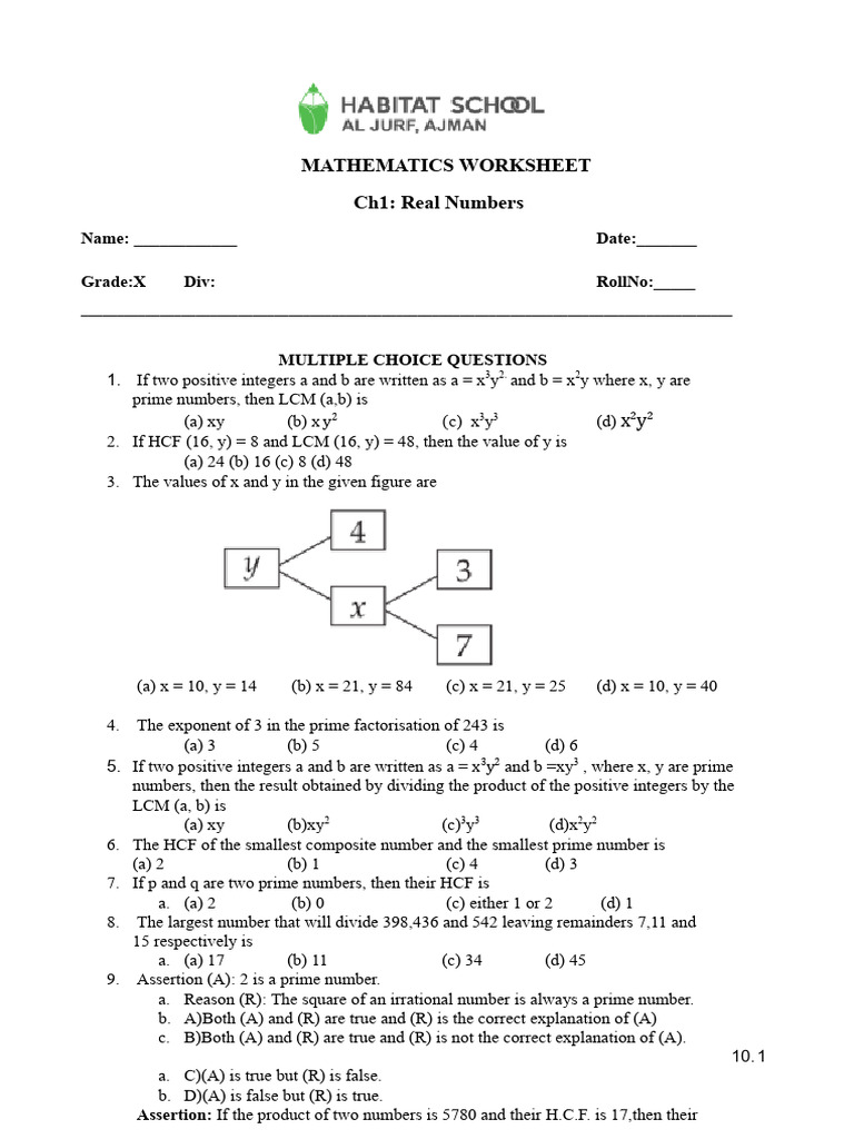 G10 - Maths Ch1 - Real Numbers WS 2025-2026 | PDF | Numbers | Prime Number