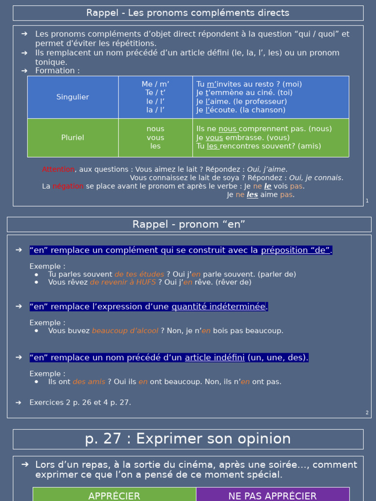 Rappel - Les Pronoms Compléments Directs | PDF | Pronom | Verbe