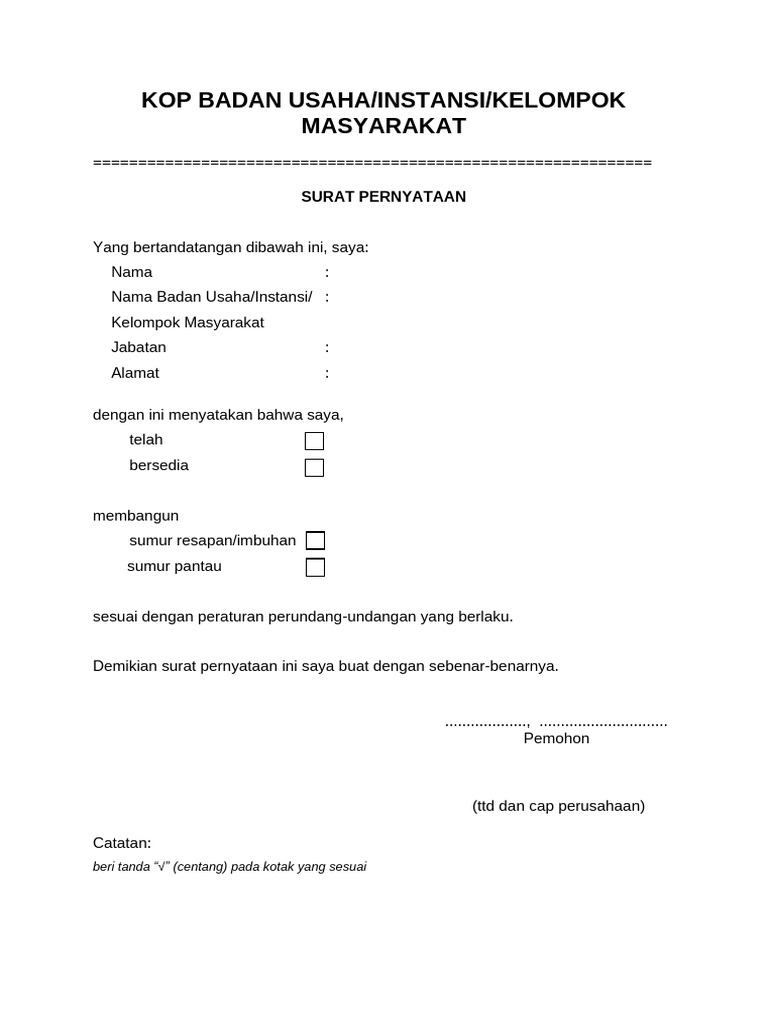 Contoh Surat Pernyataan Sumur Pantau | PDF