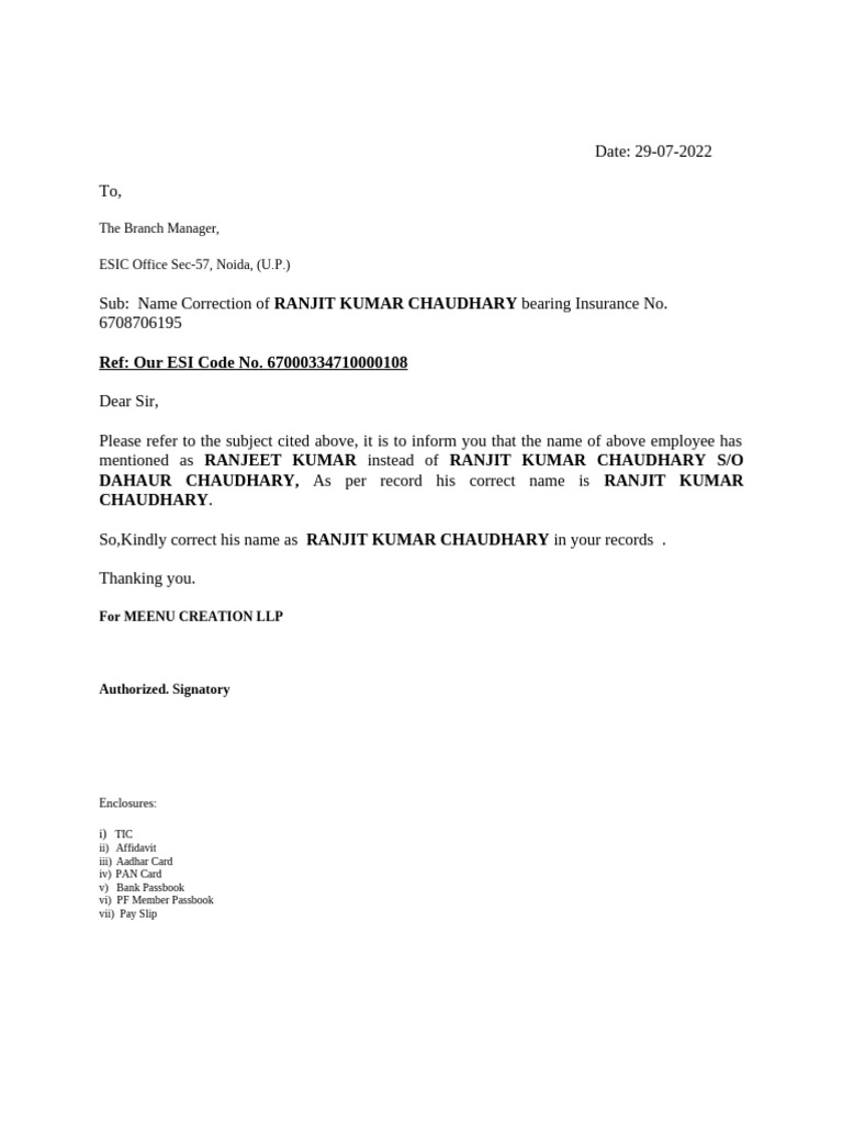 Esic Letter For Name Same | PDF