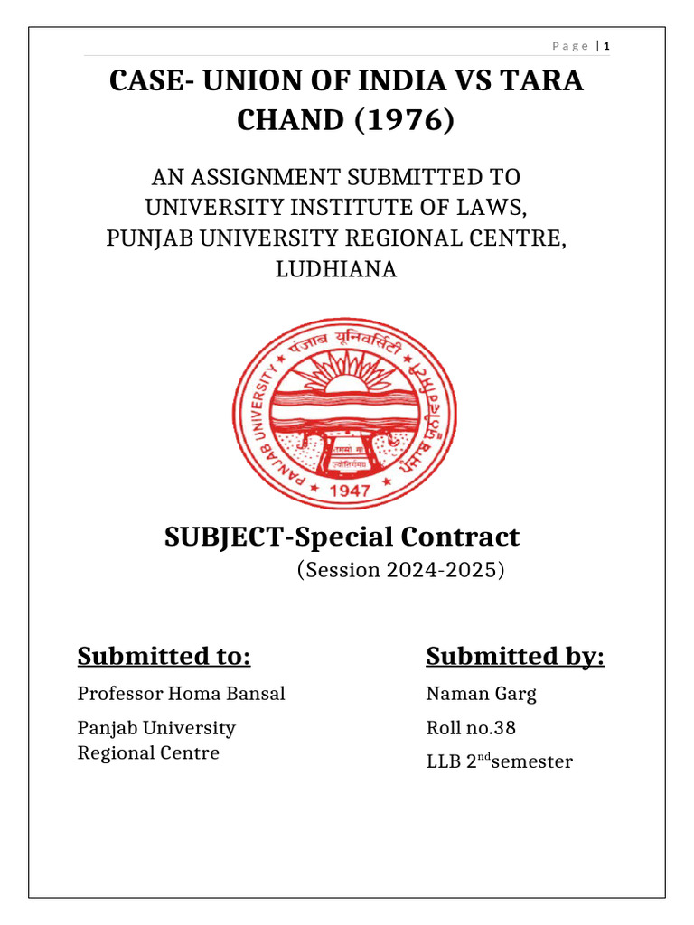 Union of India vs Tara Chand Case Analysis | PDF | Damages | Breach Of ...