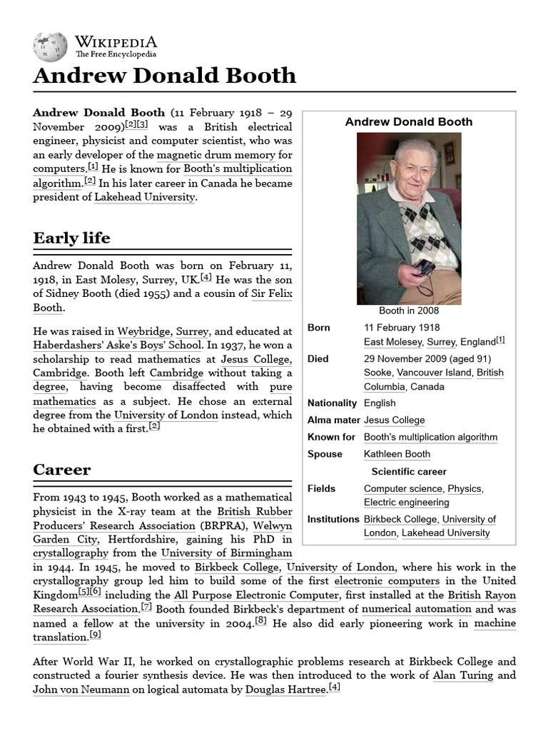 Andrew Donald Booth - Wikipedia | PDF | Computer Science | Computing