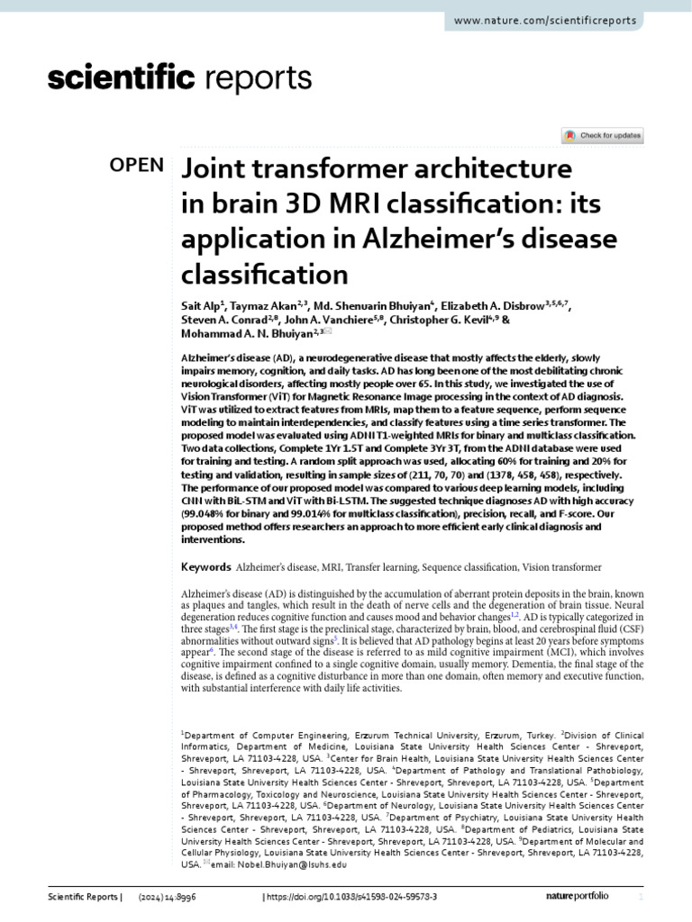 Joint transformer architecture in brain 3D MRI classification its application in Alzheimer’s ...