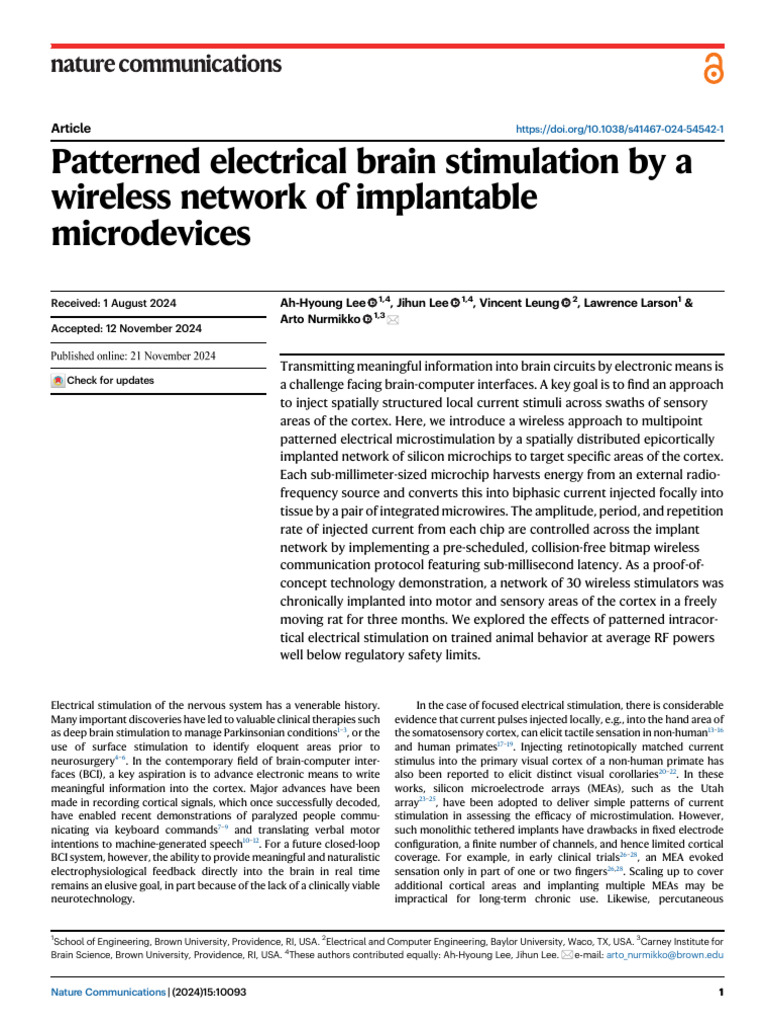 Patterned Electrical Brain Stimulation by A Wireless Network of ...