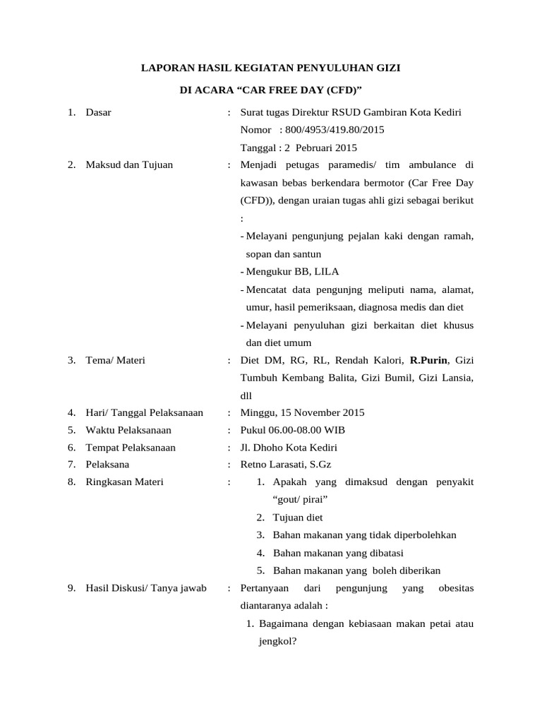 Laporan Hasil Penyuluhan Gizi Di CFD - Retno | PDF