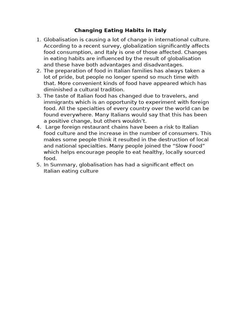 Changing Eating Habits in Italy | PDF