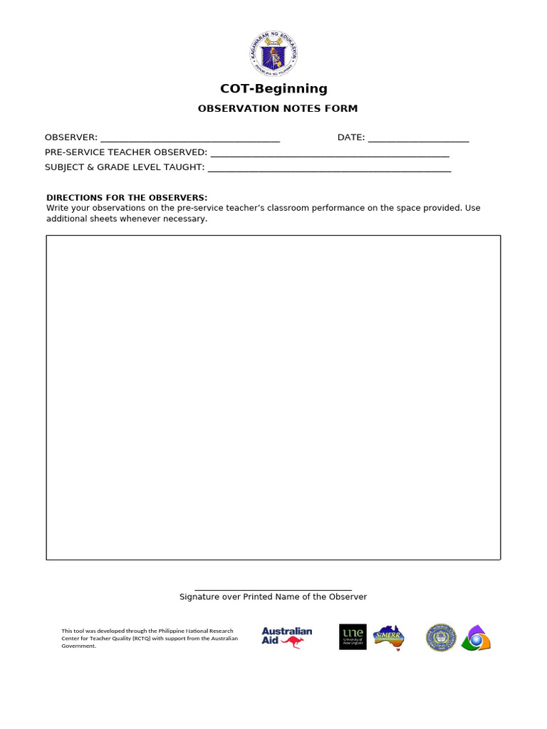 COT Beginning Observation Notes Form | PDF
