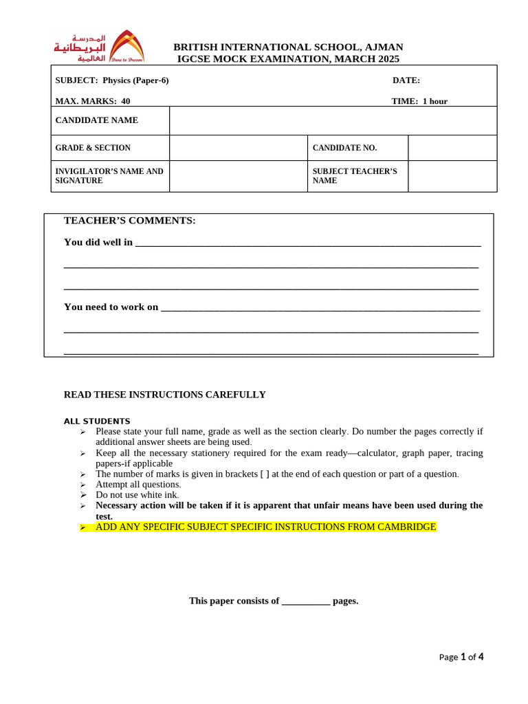 MS Physics - Paper-6 - MOCK-IGCSE - 2025 | PDF