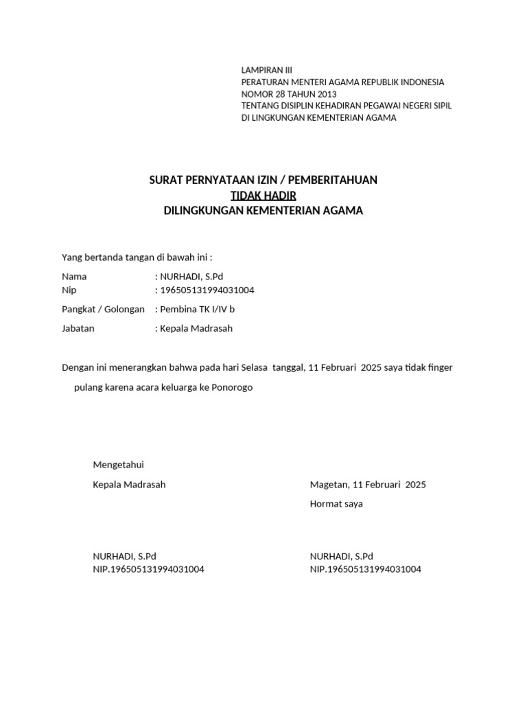 Surat Izin Tidak Hadir PNS Kemenag | PDF