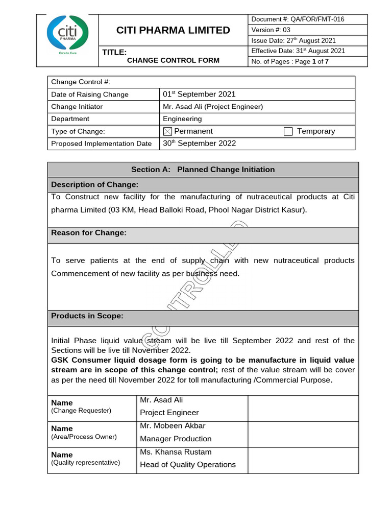 Change Control Process at Citi Pharma | PDF