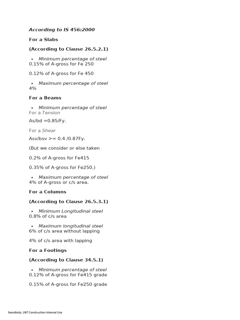 Minimum Steel (Percentage of Steel) For Various Members | PDF