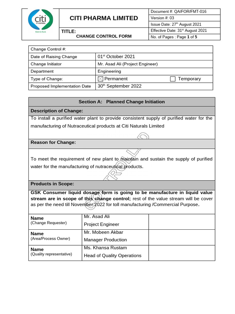 Pharma Change Control Procedure | PDF