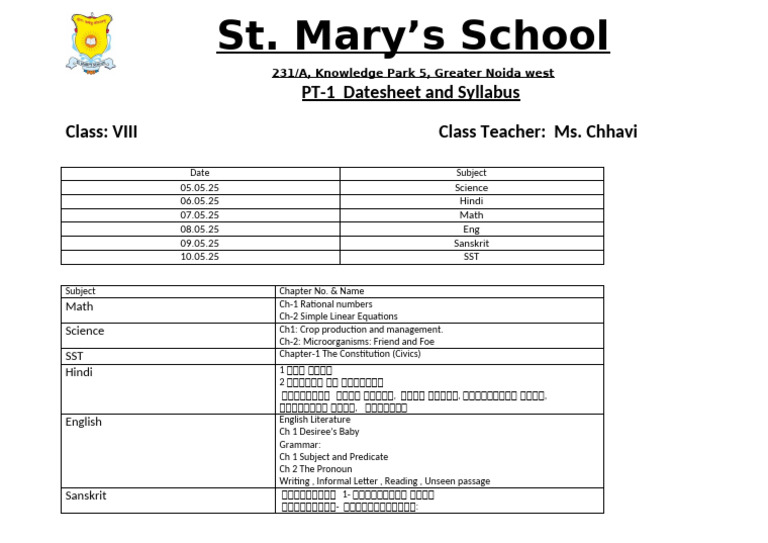 Class 8 PT-1 Datesheet & Syllabus | PDF