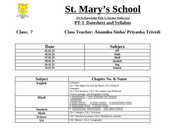PT 1 Class 7 Datesheet & Syllabus | PDF