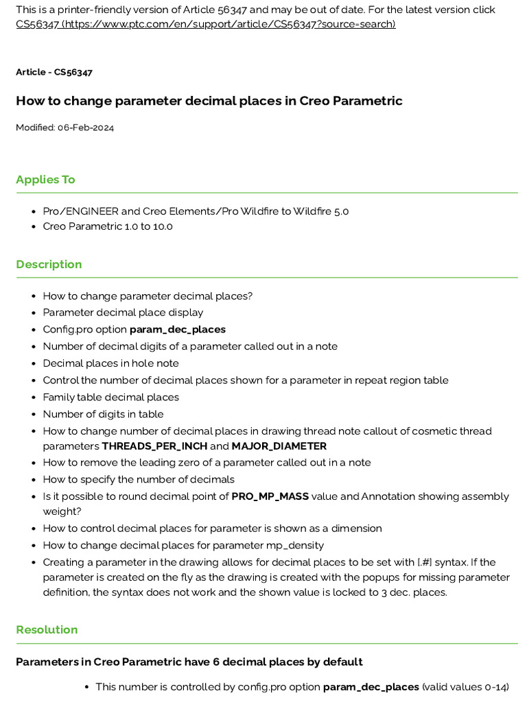 Article - CS56347 - How To Change Parameter Decimal Places in Creo Parametric | PDF | Software ...