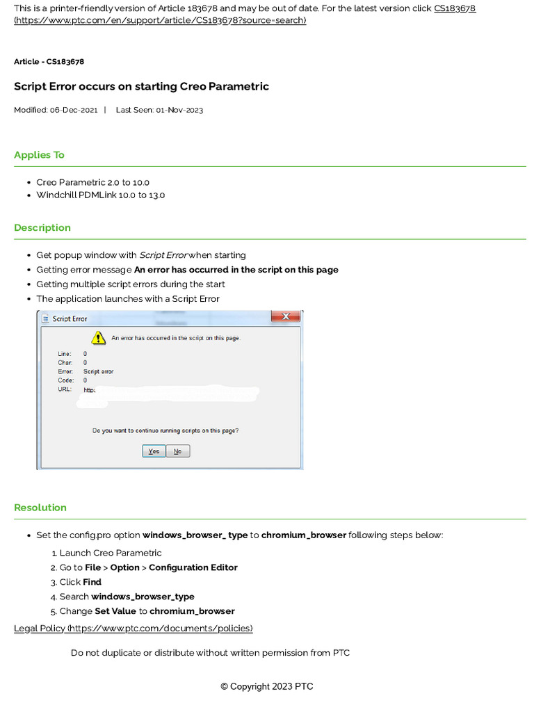 Article - CS183678 - Script Error Occurs On Starting Creo Parametric | PDF
