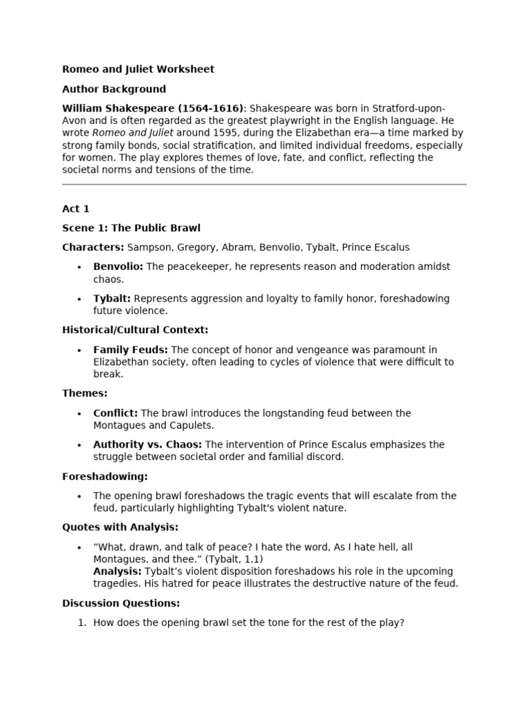 Romeo and Juliet Worksheet | PDF | Characters In Romeo And Juliet ...