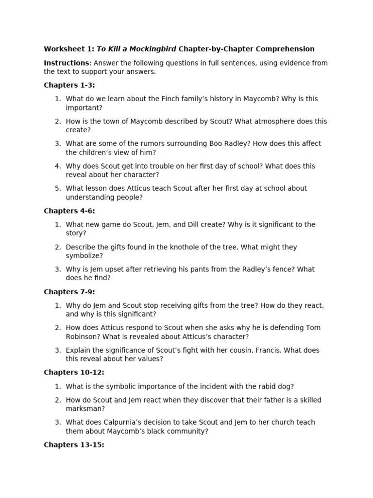 TKAM Chapter Comprehension Worksheet | PDF | To Kill A Mockingbird