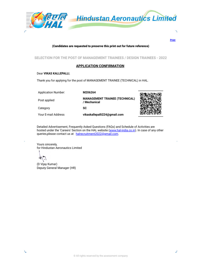 HAL Management Trainee Application Confirmation | PDF