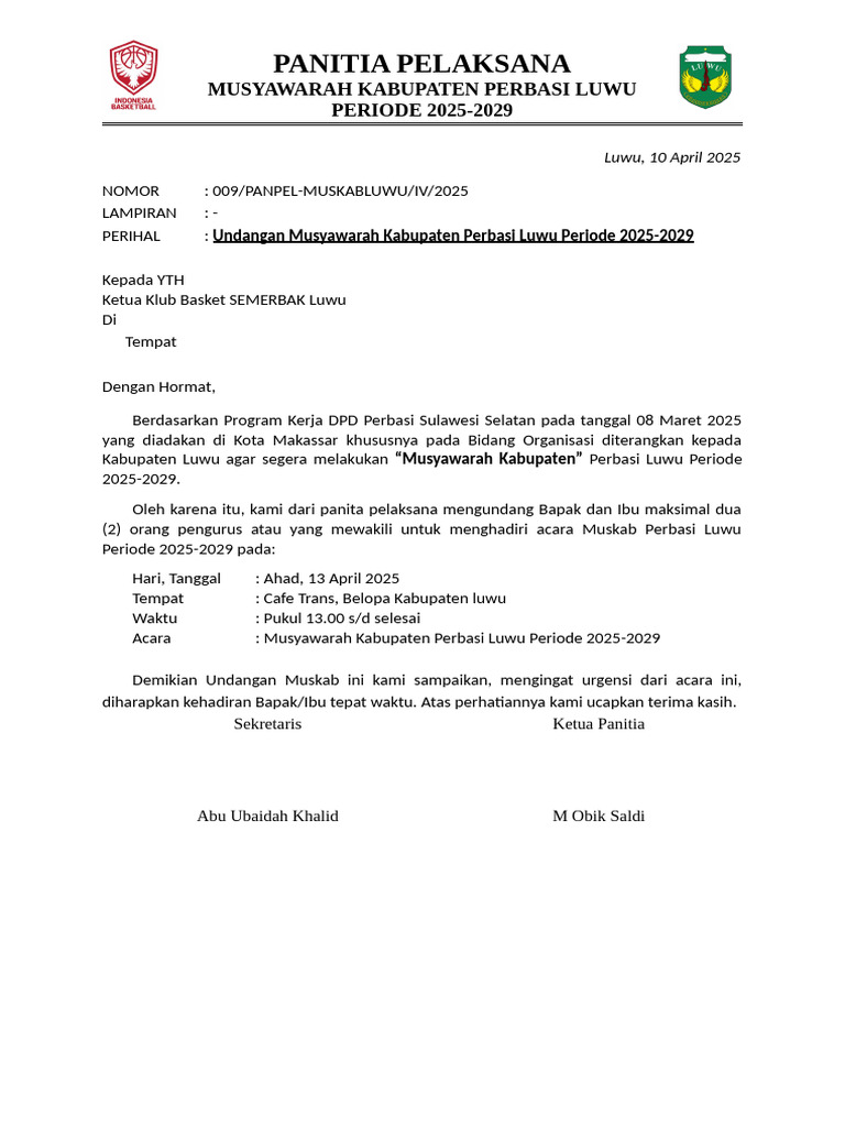Undangan Muskab Perbasi Luwu 2025-2029 | PDF