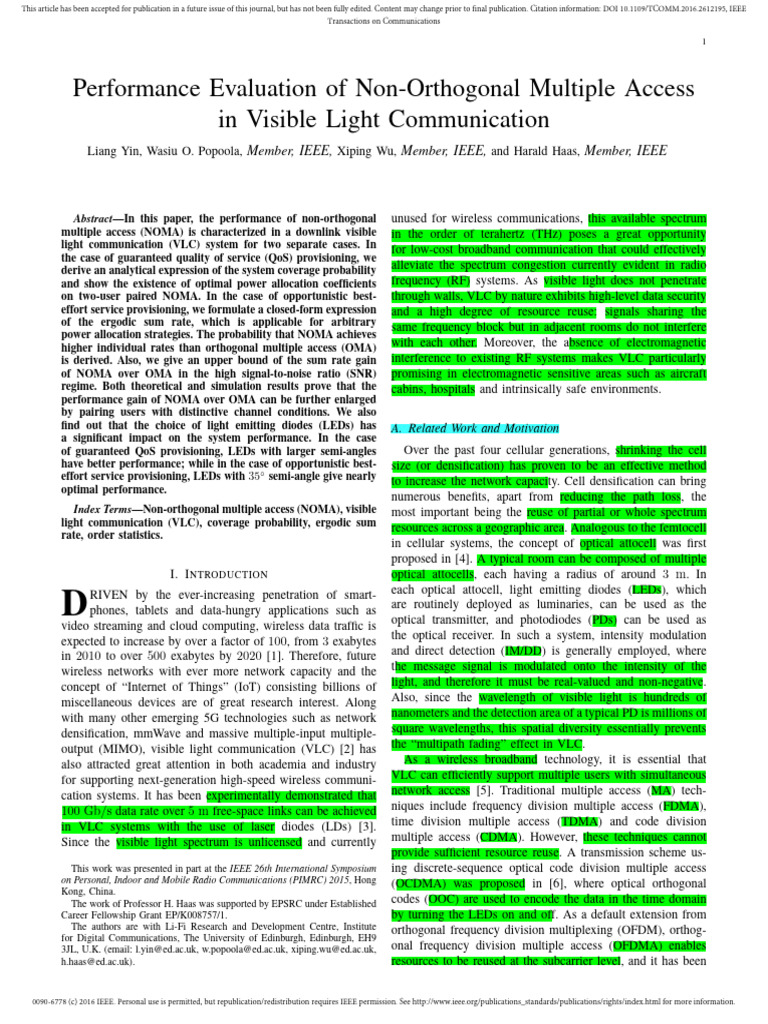 4-Performance Evaluation of Non-Orthogonal Multiple Access in Visible Light Communication 2016 ...