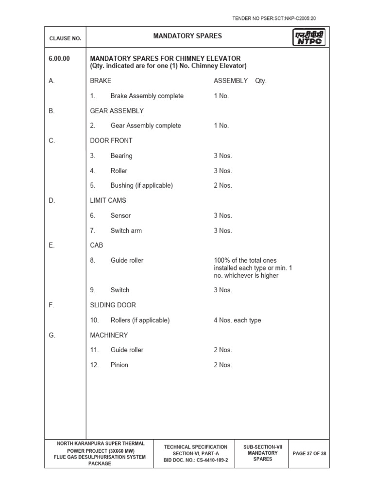 Mandatory Spares for Chimney Elevator | PDF | Elevator | Manufactured Goods