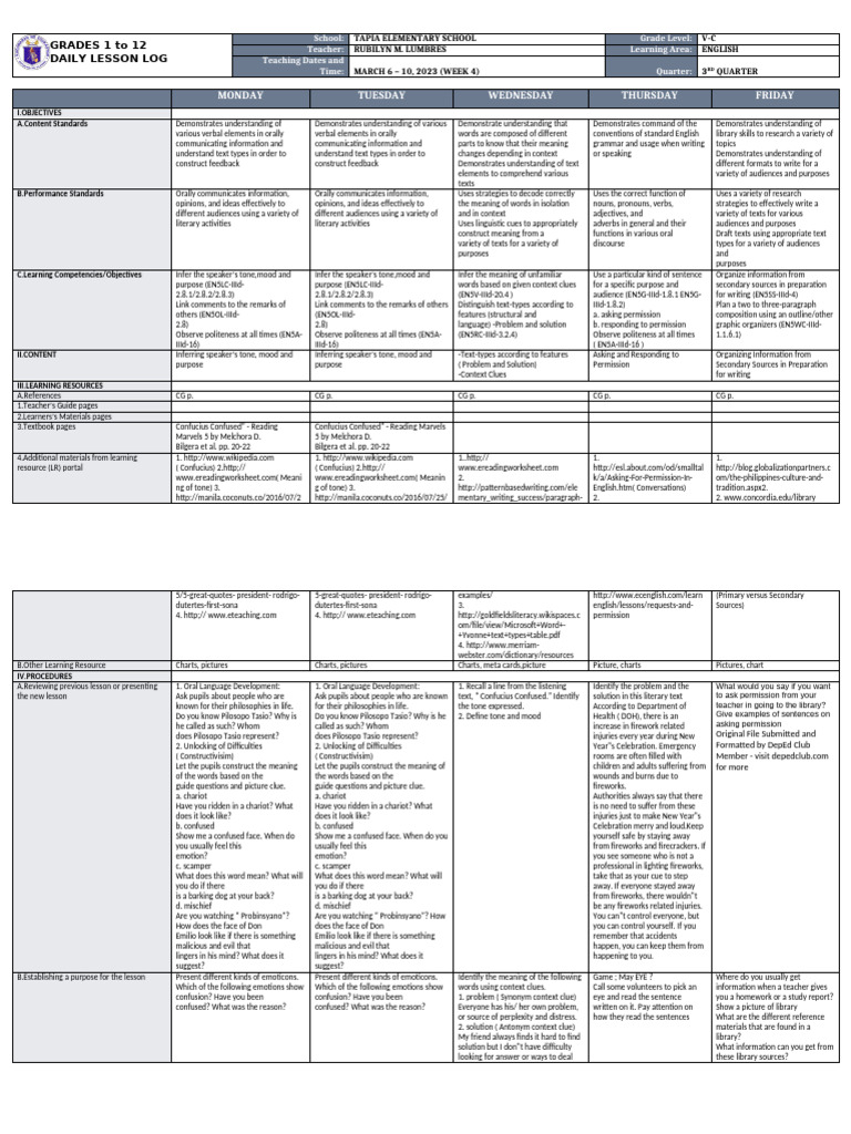 DLL - Grade 5 - Q3 - W4 | PDF | Fuels | English Language