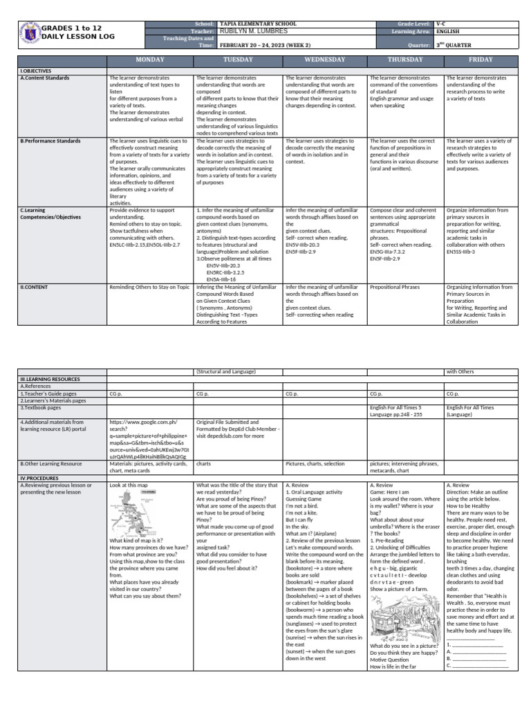 DLL_GRADE 5_Q3_W2 | PDF | Semantics | Learning