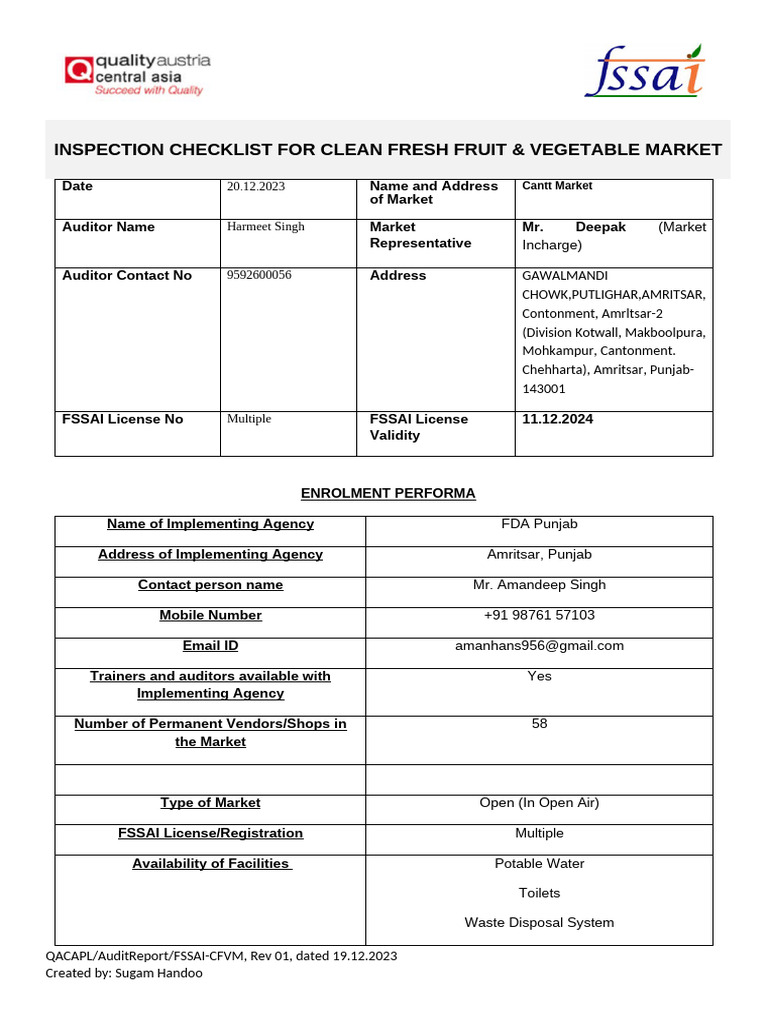 FSSAI Audit Report - Eat Right CFVM | PDF | Vegetables | Water