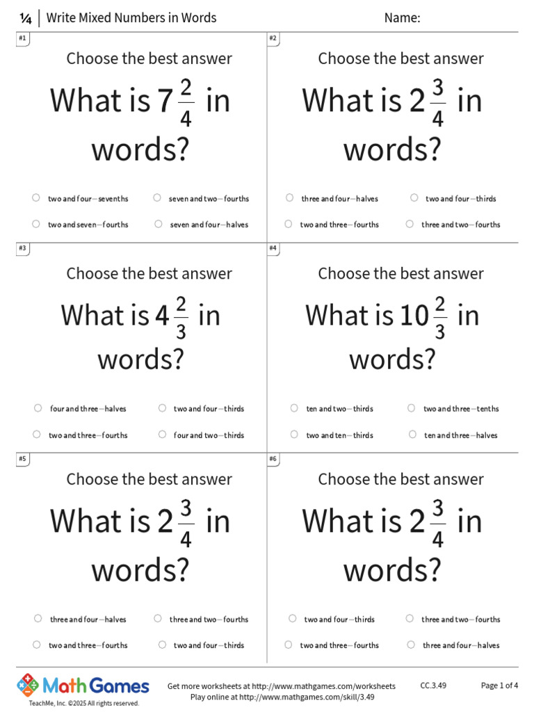 3 49 Write Mixed Numbers in Words | PDF