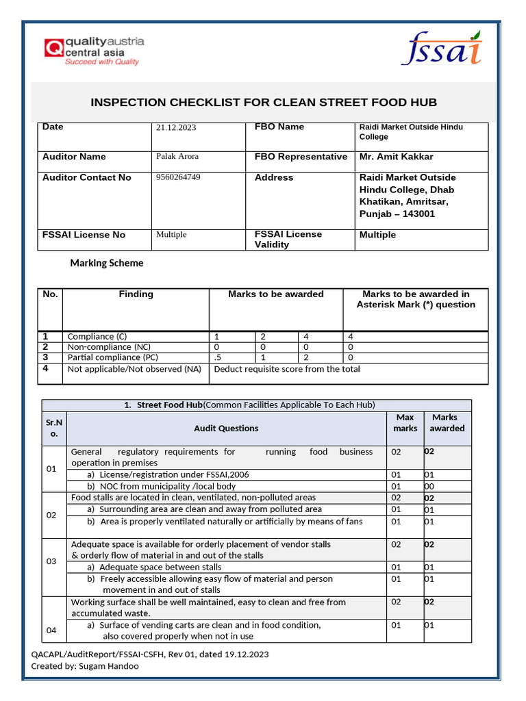 FSSAI Audit Report - Eat Right CSFH | PDF | Water | Hand Washing